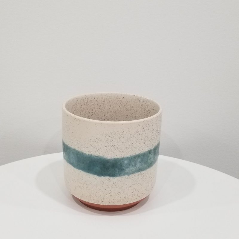 Deco Pot Ceramic Beige with Green Line 5.5" | InteriorPlants.ca