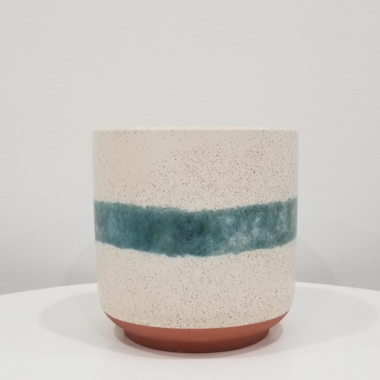 Deco Pot Ceramic Beige with Green Line 5.5" | InteriorPlants.ca